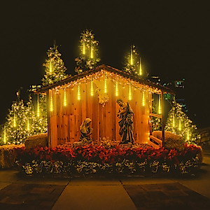 ULERSP Christmas Meteor Shower Rain Lights Extendable, 30cm 8 Tube 192 LEDs Falling Rain Drop Lights, Waterproof Icicle Lights for Outdoor Garden House Window Xmas Tree Decoration (Warm White)