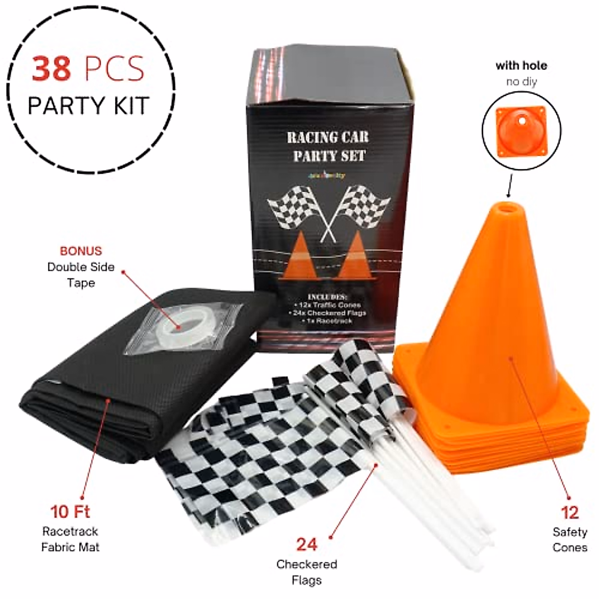 38 Pcs Set - 12 Traffic Cones With Hole on Top, 24 Checkered Flags, Racetrack Floor Runner - for For Race Car Birthday Party Supplies, Table Centerpiece Decorations for Kids by 4E's Novelty