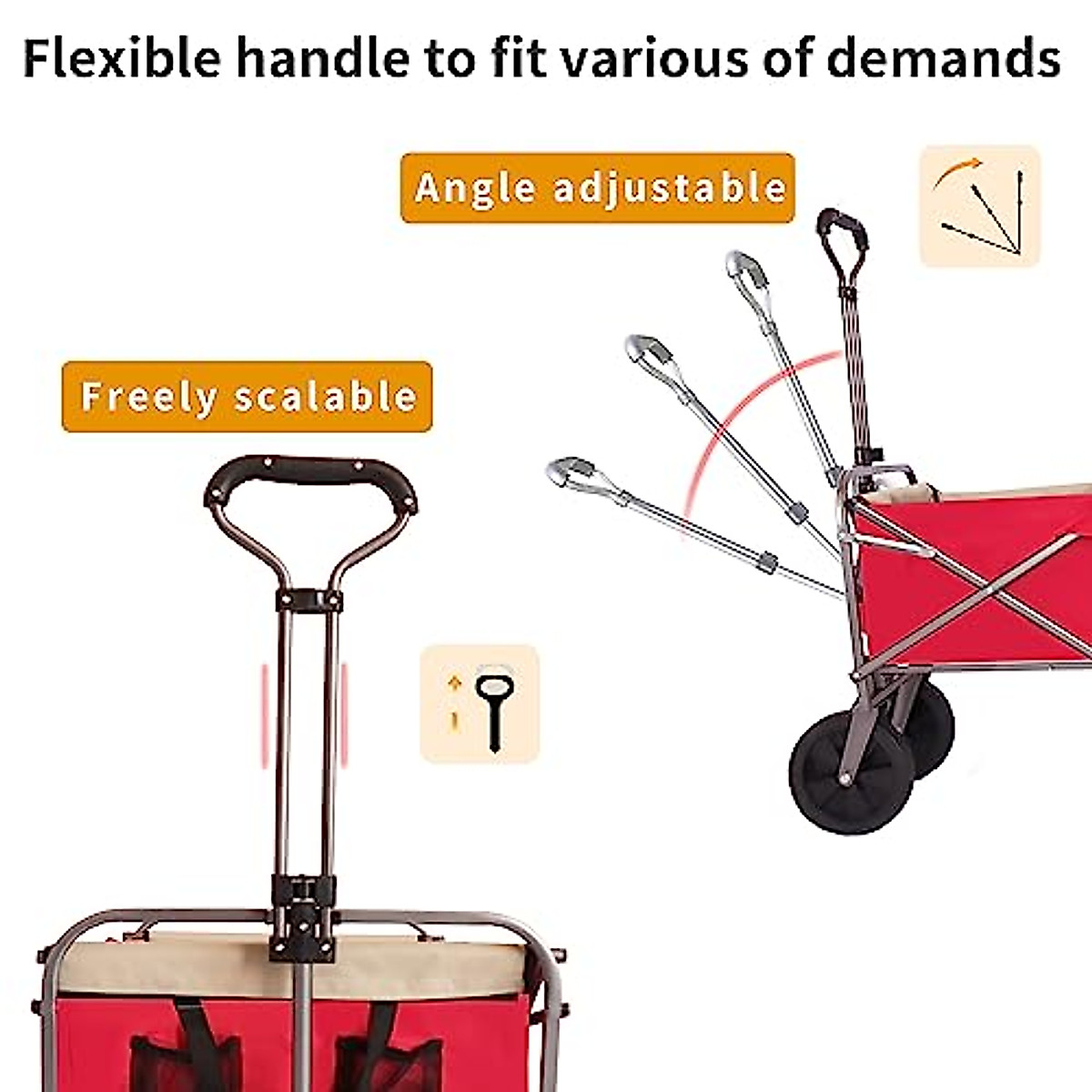 Folding Wagon Cart Beach Wagon Utility Wagon Cart Outdoor Heavy Duty Garden Portable Hand Cart with All-Terrain Wheels & Adjustable Handle (Red+White)