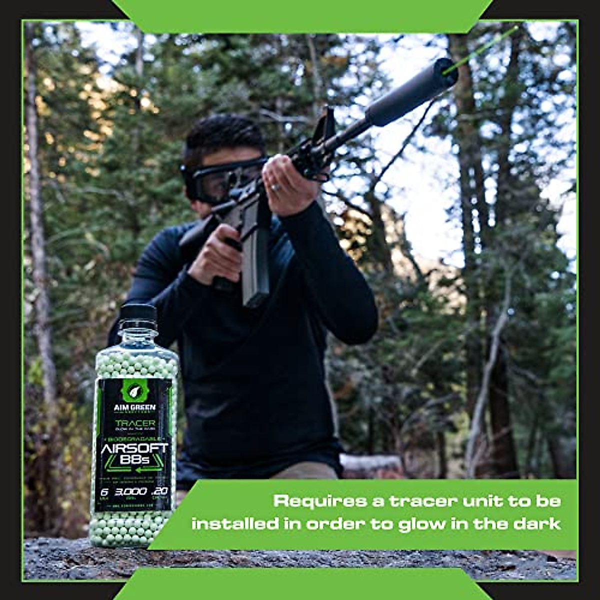 Aim Green Tracer Biodegradable Airsoft BBS, Glow-in-The-Dark BBS, 3,000 Count, 0.20 Grams
