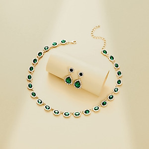 WOWORAMA Bridal Wedding Necklace Crystal Teardrop Dangle Earrings Simple Statement Necklace Jewelry Set Gold Green Bridal Jewelry Set for Wedding Emerald-Green Color Gold-Tone