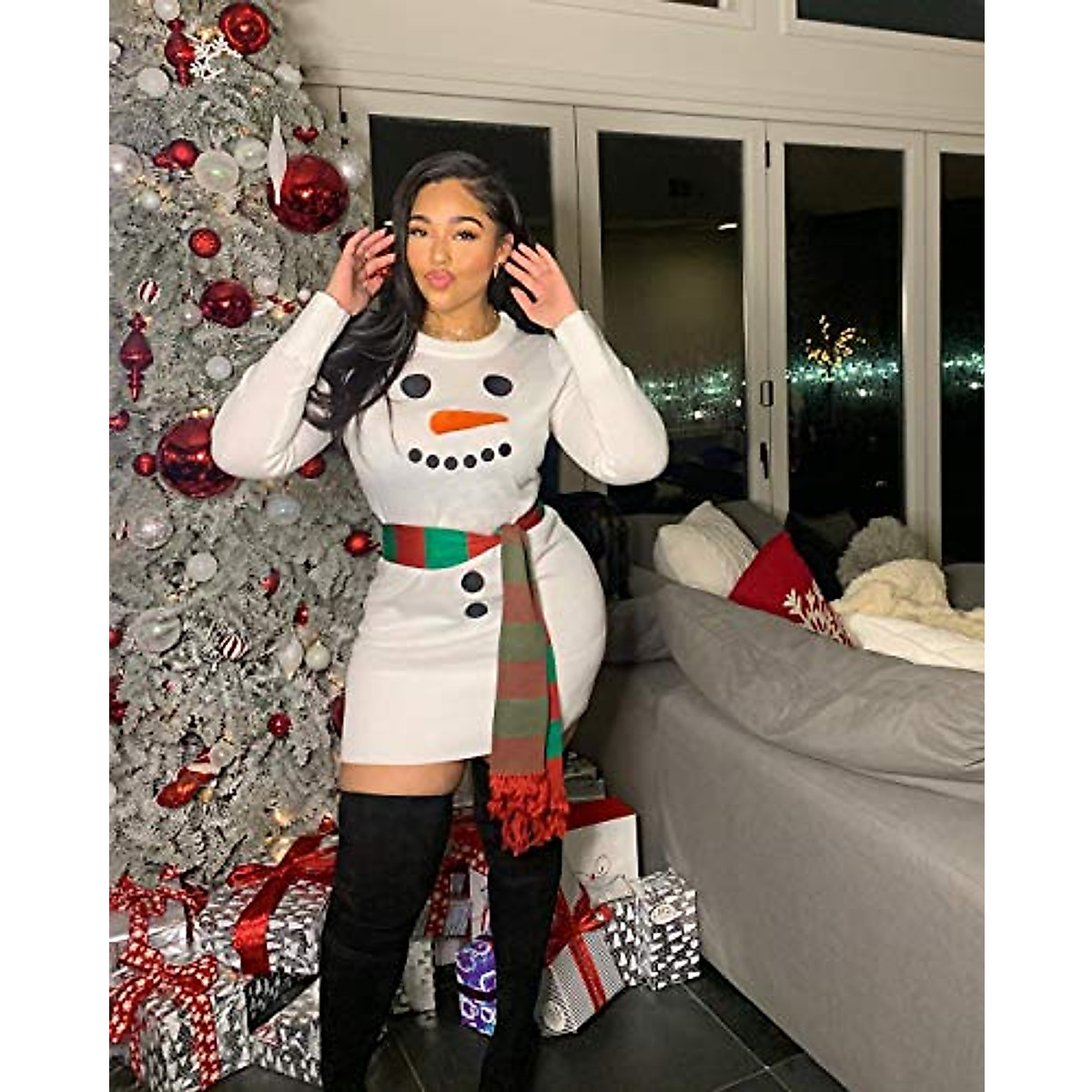 Women's Snowman Ugly Sweater Dress - White Snowman Christmas Dress with Scarf: Medium