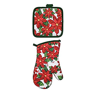 Poinsettia 5 Piece Christmas Kitchen Linen Bundle With 2 Dish Towels, 2 Potholders, and 1 Oven Mitt …