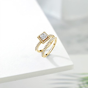 Gem Stone King 18K Yellow Gold Plated Silver White Moissanite Engagement Wedding Engagement Ring Band Bridal Set For Women (1.36 Cttw, Gemstone, Princess 5MM, Size 9)