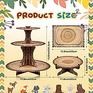 Sawysine 7 Pieces Woodland Cupcake Stand Set Includes 2 Wood Grain 3 Tier Cardboard 1 Rustic Dessert 4 Rectangle Serving Tray for Halloween Baby Shower Birthday (Rustic Style)