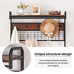 HOMISSUE 5-In-1 Entryway Hall Tree with Shoe Bench, Coat Rack with 11 Hooks and 2 Hanging Rods, Grid Panel for Memo and Photo Display, Brown Finish