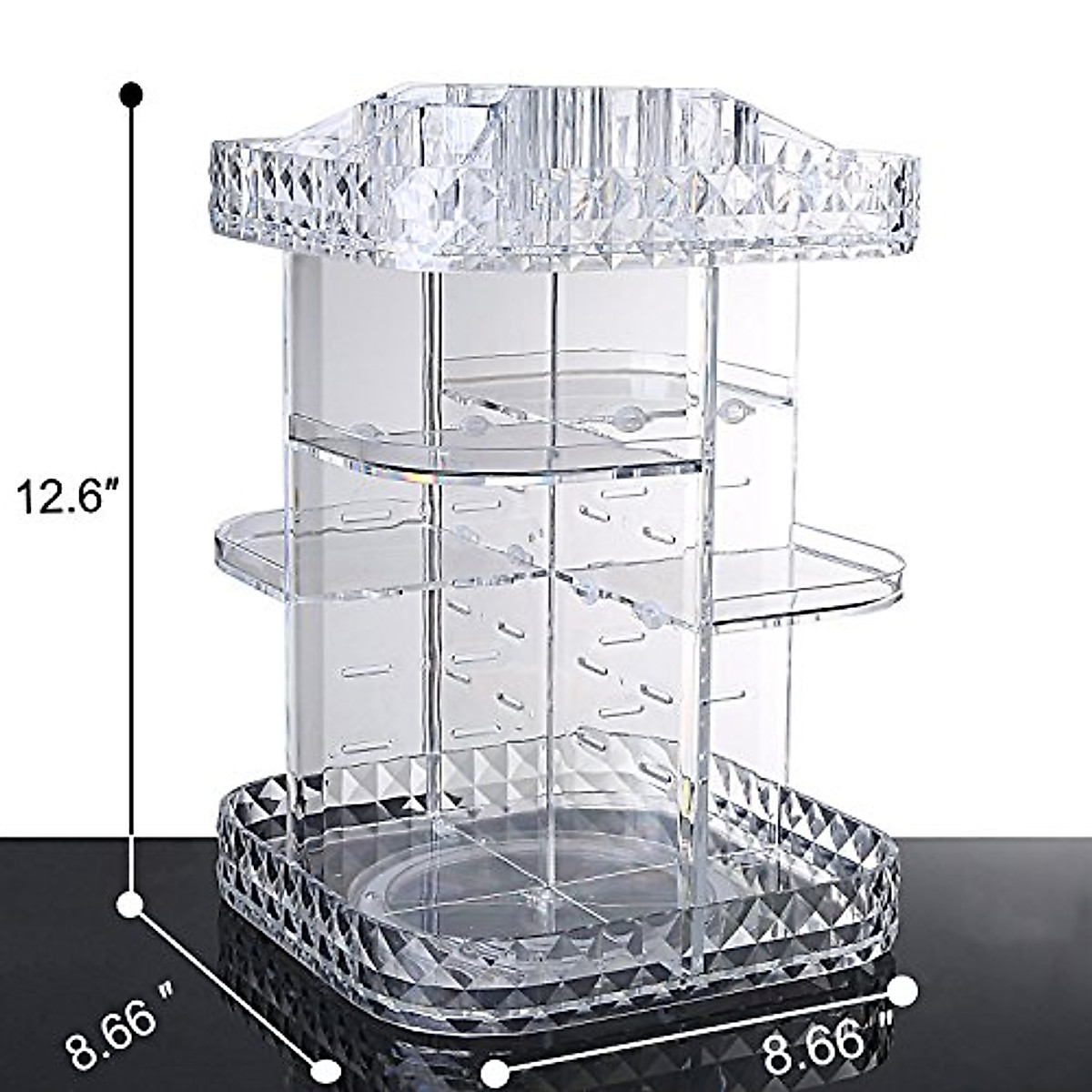 Makeup Organizer 360-Degree Rotating Cosmetic Storage Box, DIY Adjustable Large Capacity Cosmetics Display Case Square Makeup Shelf with Diamond Pattern