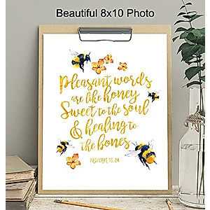Honey Bee Decor - Bee Wall Decor - Bee Wall Art - Inspirational Religious Wall Decor - Proverbs Bible Study - Christian Gifts for Women - Bible Verses Wall Decor - Spiritual Holy Scriptures Wall Art