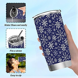 Jihqo Blue Christmas Snowflakes Tumbler with Lid and Straw, Insulated Stainless Steel Tumbler Cup, Double Walled Travel Coffee Mug Thermal Vacuum Cups for Hot & Cold Drinks 20oz