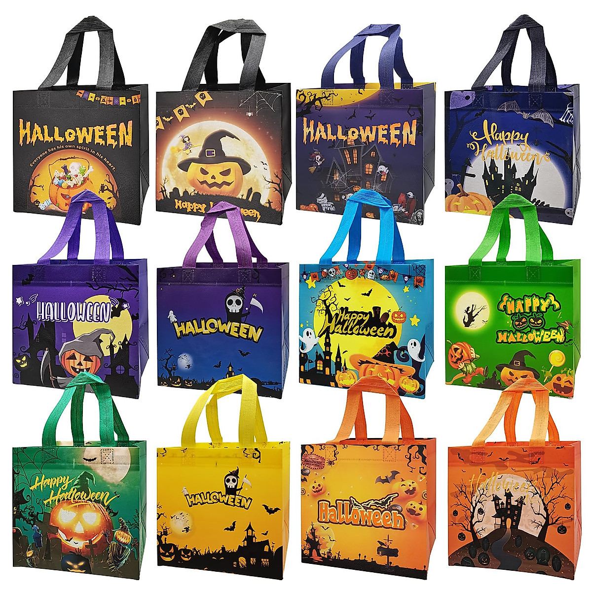 Maetrin Halloween Bags for Trick or Treat Bags, 12pcs Small Halloween Party Favors Gift Bags with Handles for Kids & Adult, Premium Non-Woven Halloween Tote Bags with 12 Different Designs