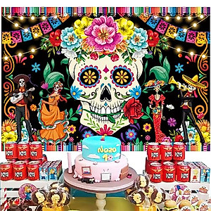 Day of The Dead Banner Backdrop Mexican Fiesta Sugar Skull Flowers Backdrop Banner Photography Background Dia DE Los Muertos Banner Decorations