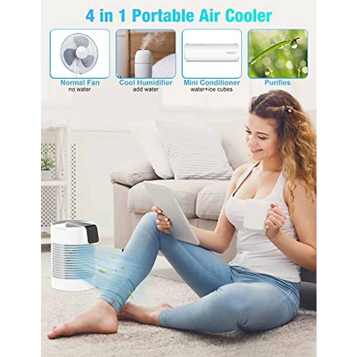 Portable Air Conditioners Fan, Portable AC 90°/360° Auto Oscillation with 3-Speed, 500ml Portable AC Air Conditioner Evaporative Air Cooler Quite Mini Personal Air Conditioner for Small Room Car