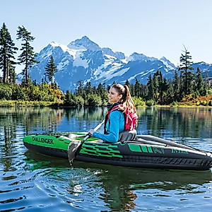 Intex Challenger K1 Kayak 1 Man Inflatable Canoe with Aluminum Oars and Hand Pump, Green/Blue