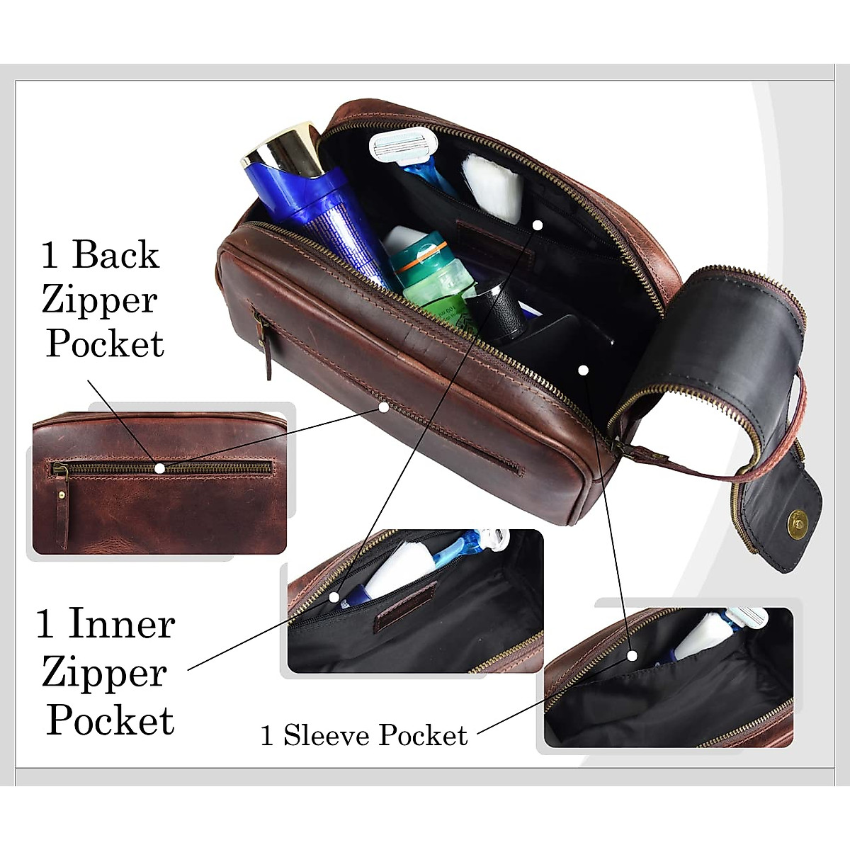 10" Premium Leather Toiletry Travel Pouch With Waterproof Lining | King-Size Handcrafted Vintage Dopp - Kit By Aaron Leather Goods (Dark Brown)