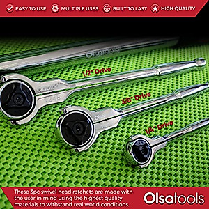 Olsa Tools 90T Swivel Head Ratchet Wrench Set, 3-Piece, Chrome Vanadium Steel, 270 Degree Rotation, Ideal for Tight Spaces