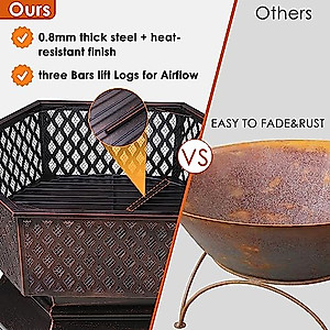 Arlopu 30/28'' Outdoor Grilled Fire Pit, Wood Burning Firepit, Patio Portable Pit, Hex Outside Camp Fireplace, W/ 20in Fire Poker, Spark Screen, 0.8mm Steel Base for Backyard,Terrace,Poolside,Gazebo