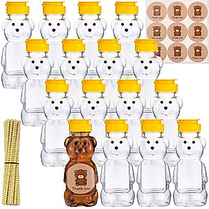 16 Pack Honey Bear Bottle with 25 Pcs Straws and 32 Pcs Bear Stickers Honey Squeezable Jar Spill Proof Plastic Honey Dispenser Containers Reusable Bear Juice Drinking Cup for Kids Toddler (Yellow)