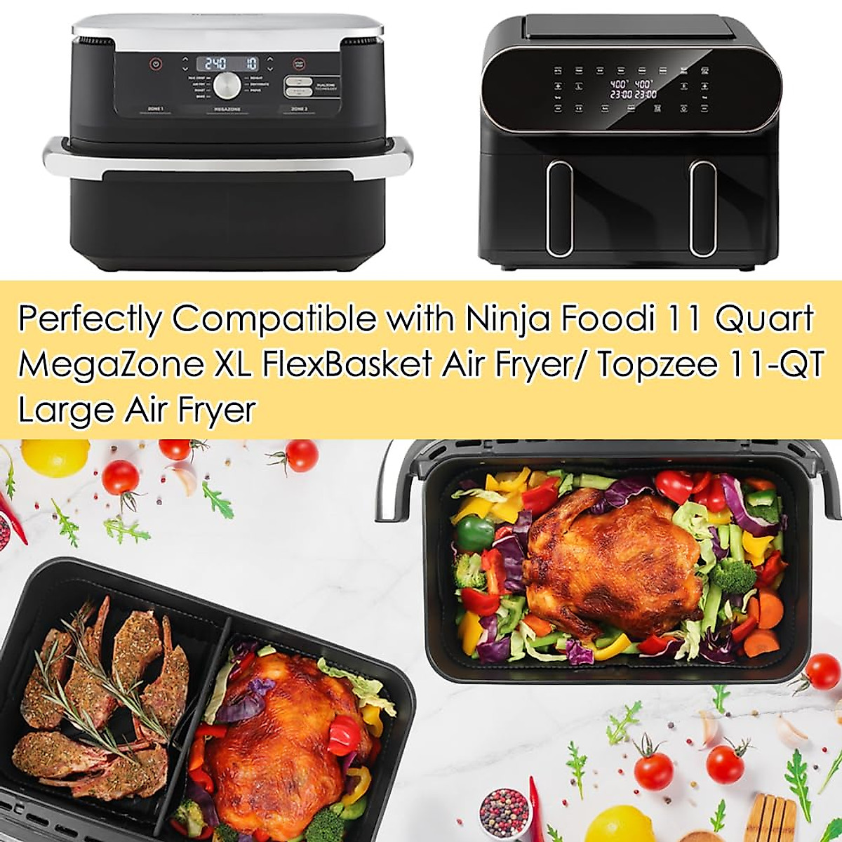 BYKITCHEN Air Fryer Silicone Liners for Ninja Foodi 11 Quart/Topzee 11-QT Large XL MegaZone FlexBasket Air Fryer, 2pcs Air Fryer Dual Liners & 1pcs Large Airfryer Liners for 11-qt Megazone