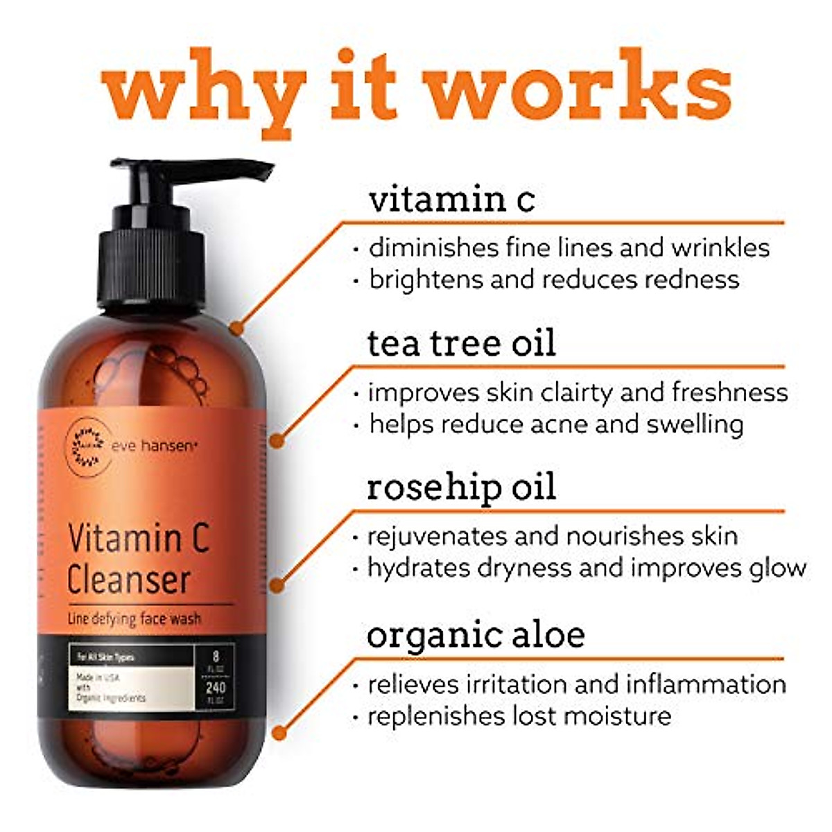 Vitamin C Cleanser Face Wash | HUGE 8 oz Anti Aging Facial Cleanser for Dark Circles, Age Spots and Fine Lines | Natural Gel Face Cleanser with Aloe Vera, Vitamin E & Rosehip