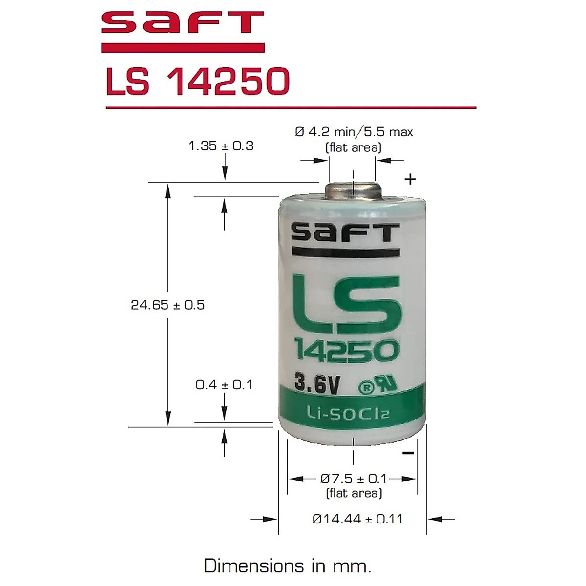 10x SAFT LS14250_WIRE 1/2AA 3.6V 1200mAh Lithium Cell for Smart Utility Metering, Flashlights, Communications, Smart Munitions, Unattended Sensors, RFID Tracking, MFG PN: 700053 NSN: 6135-01-669-4691
