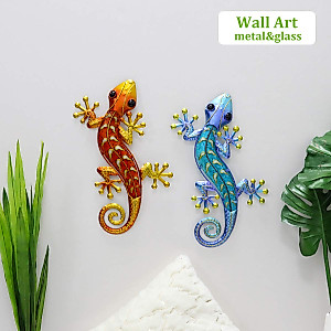 HONGLAND Metal Gecko Wall Decor Outdoor Indoor Lizard Art Sculpture Glass Decorations for Home (Blue&Purple)