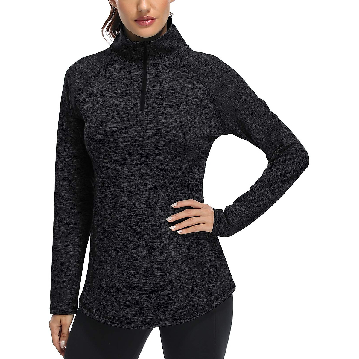 Miusey Long Sleeve Workout Tops for Women to Wear with Leggings,Ladies Hiking T-Shirt with Zipper Classy Plain Quick Drying Polo Pullover Stretch Athletic Pilates Cycling Tee Black2 M