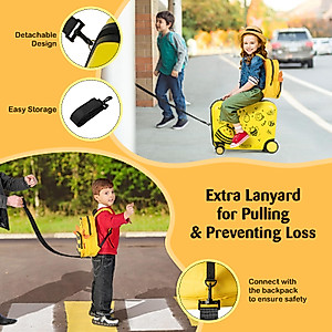 Goplus 2 PCS Kid Luggage, 18” Ride on Suitcase W/Spinner Wheels, 12” Backpack W/Anti-Lost Rope, Carry Strap, Sit on Rolling Carry on Luggage Set for Girls Boys Travel (Yellow Bee)