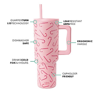 Simple Modern 40 oz Tumbler with Handle and Straw Lid | Insulated Reusable Stainless Steel Water Bottle Travel Mug Cupholder Friendly | Gift for Women Men | Trek Collection | Pink Candy Cane Toss