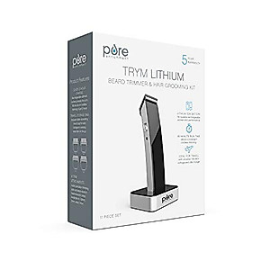 Pure Enrichment TRYM Lithium Rechargeable Beard Trimmer - 11-Piece Grooming Kit with Cordless Use, Charging Dock, 4 Trim Attachments, Cleaning Brush, Clipper Oil, and Drawstring Travel Bag (Black)