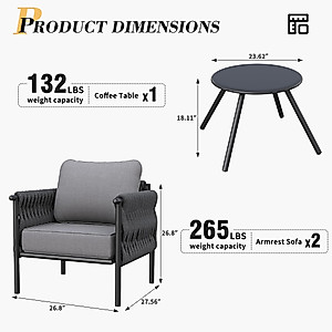 Amopatio Patio Furniture Set 3 Pieces, Modern Outdoor Furniture Sofa Bistro Sets with 6" Thickened Cushion, Metal Outdoor Couch Porch Pool Furniture(Grey)