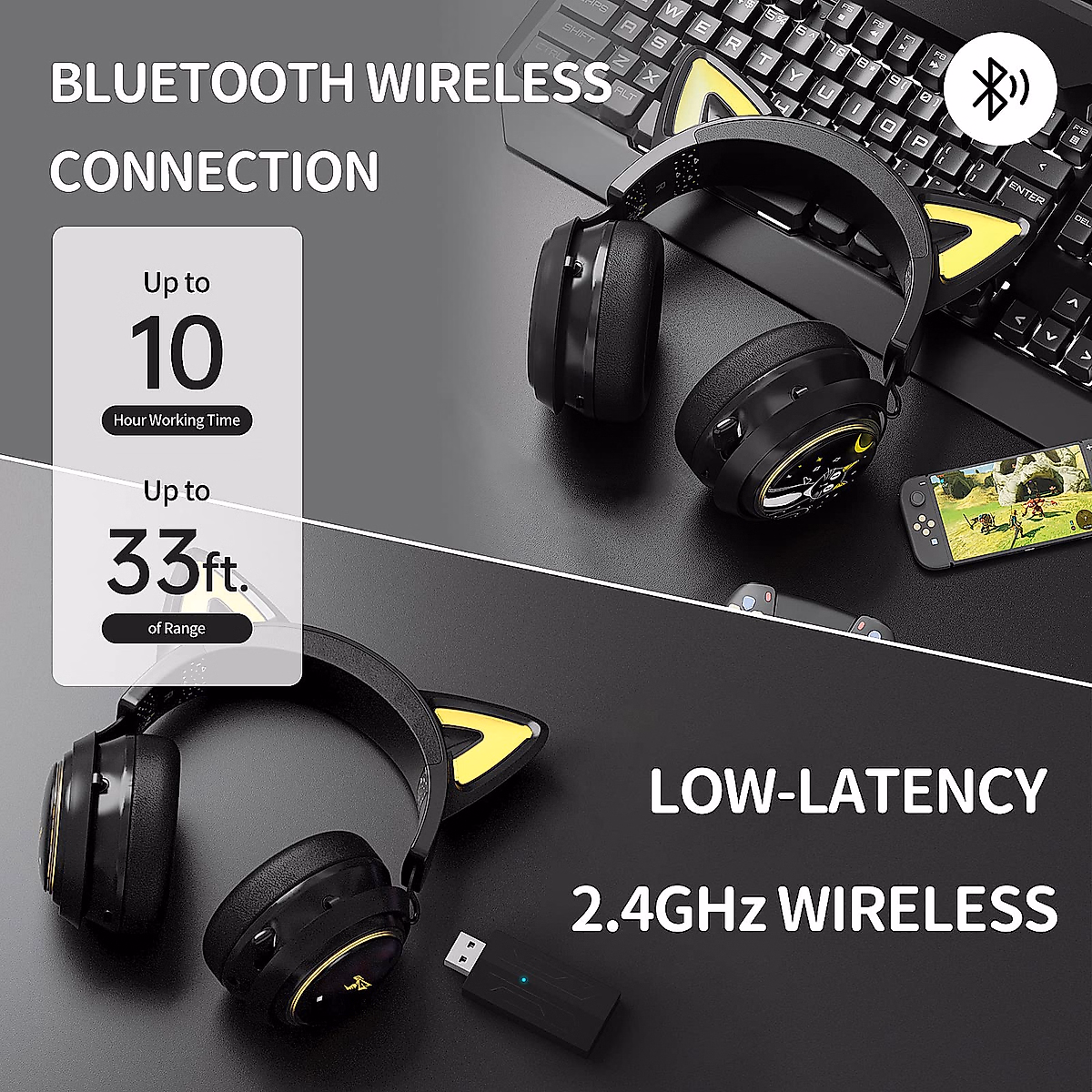 SOMIC Cat Ear Headphones, 2.4G/Bluetooth Wireless Gaming Headset for PS5, PS4, PC with RGB Lights and Retractable Mic, 10Hrs Playtime, 7.1 Surround Sound for Laptop, Smartphone-GS510 Pro - Black