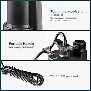 WASSERMANN 1/3HP Utility Pump 2100GPH Thermoplastic Sump Pump Submersible Water Pump with 10ft Cord, Electric Portable Water Pump for Swimming Pool Hot Tubs Garden Pond Draining Basement
