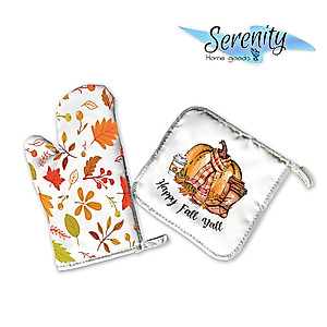 Decorative Cloth Kitchen Oven Mitt Pot Holder Set | Autumn Fall Halloween | Home Decor Seasonal Holiday Decorations | Rustic Harvest Pumpkin Spice Coffee