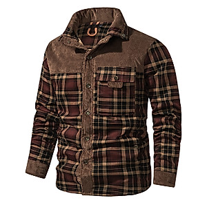 Flygo Men's Outdoor Casual Vintage Buck Fleece Sherpa Lined Flannel Camp Plaid Shirt Jacket(Coffee-M)