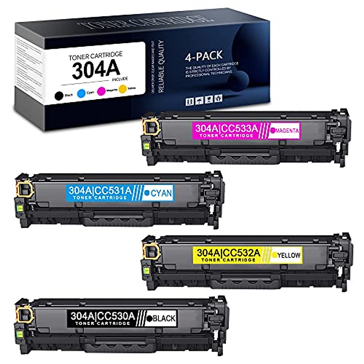 Compatible 304A CC530A/CC531A/CC533A/CC532A Remanufactured Toner Cartridge Replacement for HP Color CP2025 CP2025n CP2025dn CP2025x CM2320n MFP Printer (1Black+1Cyan+1Magenta+1Yellow)