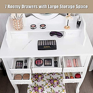 CHARMAID Vanity Set with Tri-Folding Mirror and Cushioned Stool, Dressing Table with 7 Drawers and a Shelf, Antique Makeup Table with Removable Top, Vintage Makeup Vanity Set for Women Girls (White)