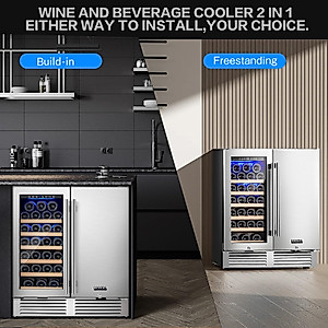 BODEGACOOLER 30 Inch Wine and Beverage Refrigerator,Dual Zone Wine Beverage Cooler with French Door,Under Counter Freestanding Wine Beer Fridge,Hold 31 Bottles and 100 Cans with Safety Locks