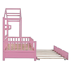 Twin Size House Bed for Kids, Wooden Floor Bed Frame with Trundle & House Roof Frame, Kids Bed Twin with Shelf, Guardrails & Slat Support, Box Spring Needed (Pink)
