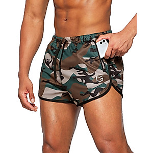 G Gradual Men's Running Shorts 3 Inch Quick Dry Gym Athletic Jogging Shorts with Zipper Pockets (Green Camo, Medium)
