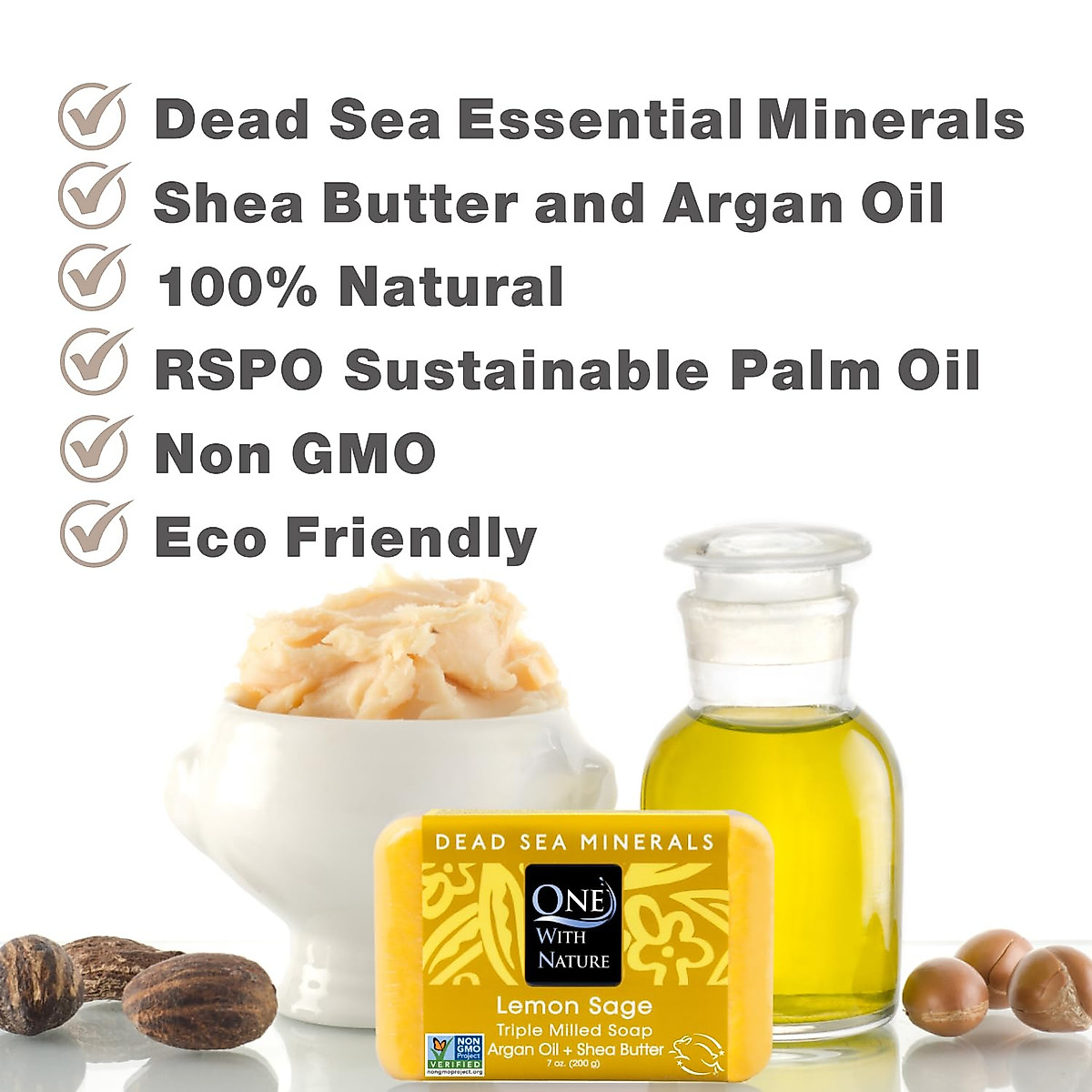 One With Nature Dead Sea Mineral Salt Lemon Sage 7oz Soap 3Pk, Argan Oil & Shea Butter - Dead Sea Salt Contains Magnesium, Sulfur & 21 Essential Minerals - All Skin Types, Acne, Psoriasis, Eczema