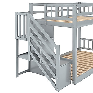 Harper & Bright Designs Low Bunk Beds Twin Over Twin Size, Solid Wood Bunk Bed with Storage and Guardrail for Kids and Toddler