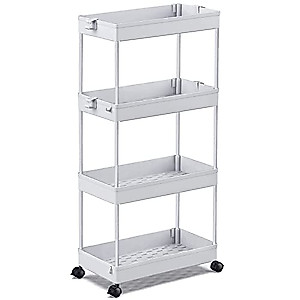 SPACEKEEPER Storage Cart, 4-Tier Mobile Shelving Unit, Bathroom Rolling Cart Utility Storage Organizer Shelf for Kitchen Living Room Bathroom Laundry Room & Dressers, Gray