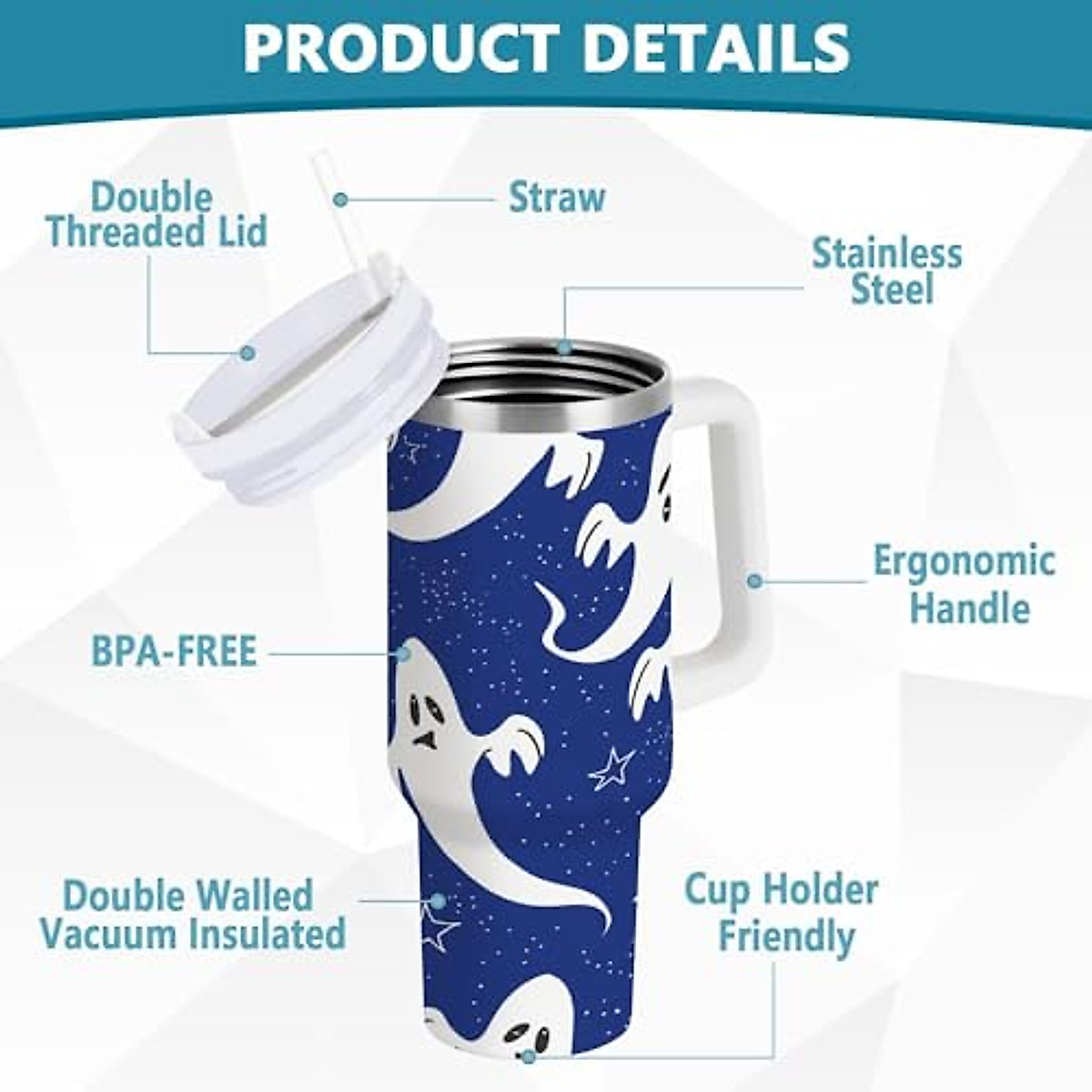 RPLIFE Whimsical Ghosts Deep Blue Stainless Steel Mug, Insulated Water Bottle with Straw, Tumblers for Women