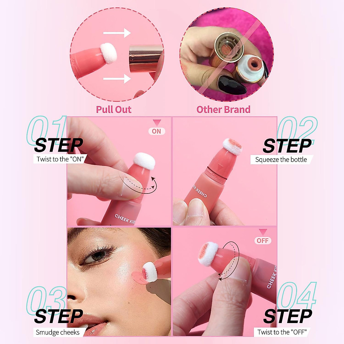 Liquid Blush Wand, Matte Face Blushes Beauty Wand with Cushion Applicator, Lightweight Pink Blush, Smooth Creamy Fomula (2# pink peony)