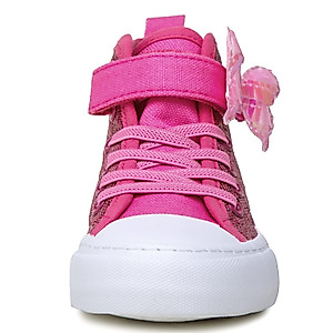 Toandon Girls Kids Sneakers Glitter Canvas Shoes Sparkle High Top Toddler Child Adjustable Hook Loop Straps Velcro Non Slip Lightweight Walking Outdoor Butterfly Pink Size 2
