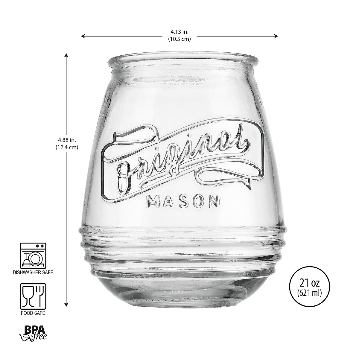 Glaver's Stemless Wine Glasses 21 Oz. Set Of 4 Original Mason Vintage Goblet Beverage Glasses Uses For Your Cocktail Lounge, Whiskey Parties, and Everyday Dinner Table. Dishwasher Safe.