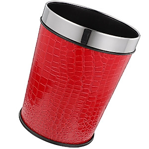 Cabilock Round Waste Basket Small Classic PU Leather Trash Can Garbage Can Open Top Wastebasket Bin for Home Office Laundry Room Living Room Bathroom Office Red