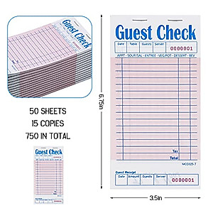 Rcybeo Guest Check Pads (15 Pack) Numbered Server Note Pads, Waitress Order Notepad, Food Receipt Book, 50 Checks Per Pad-Total 750 Restaurant Checks, Waitress Accessories