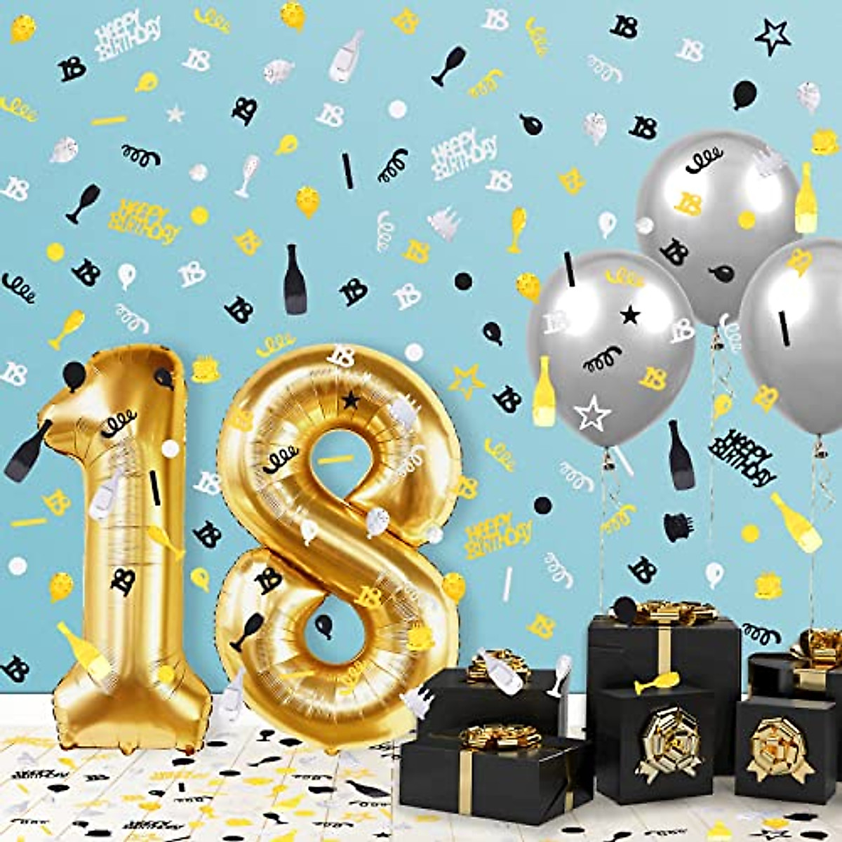 3000PCS Black Gold Silver 18th Happy Birthday Confetti Decorations with Diamonds Black Gold 18th Birthday Party Table Decor Metallic Foil Confetti Scatter for Boys Girls Birthday Anniversary Party DIY