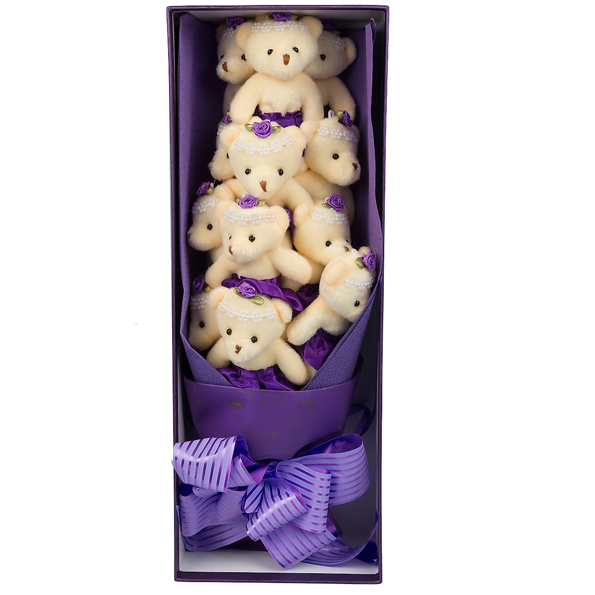 Deluxe Christmas Purple Teddy Bear Bouquet in Gift Box - One Dozen Long Stemmed Rose Stuffed Plush Bears w Tutus -Gift Wrapped Bow & Ribbon- Great X-Mas Gift for Kids, Girlfriend, Boyfriend, Loved One